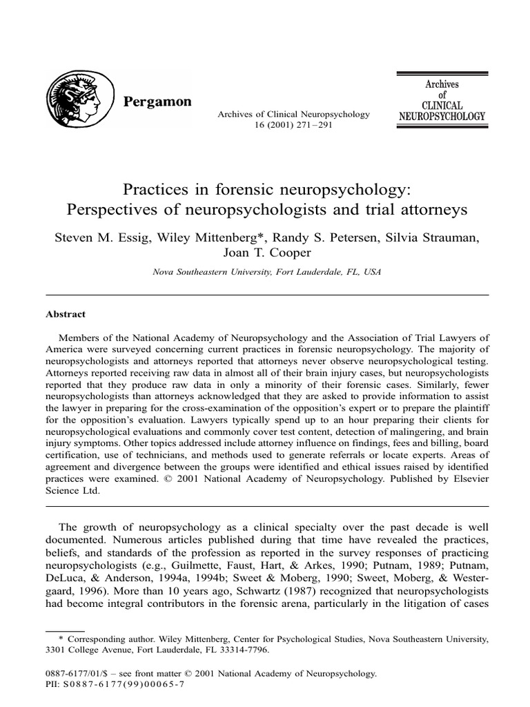 Practices in Forensic Neuropsychology Perspectives - 2001 - Archives of Clinica | PDF ...