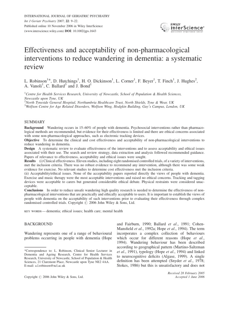 2007 - Non-Pharmacological Interventions To Reduce Wandering in Dementia | PDF | Systematic ...
