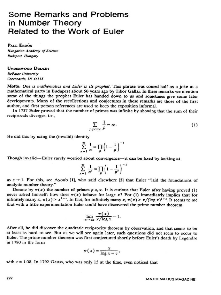 Some Remarks and Problems in Number Theory Related To The Work of Euler | PDF | Prime Number ...