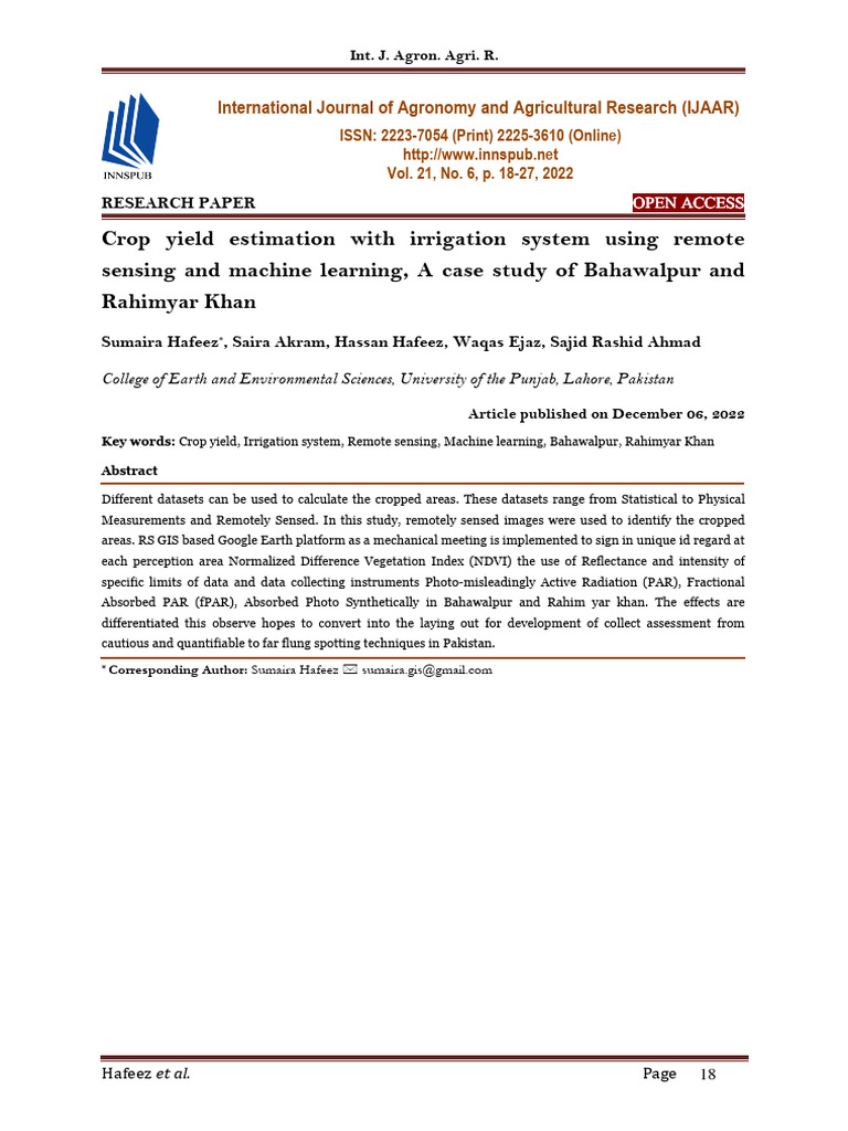 Crop Yield Estimation With Irrigation System Using Remote Sensing and ...