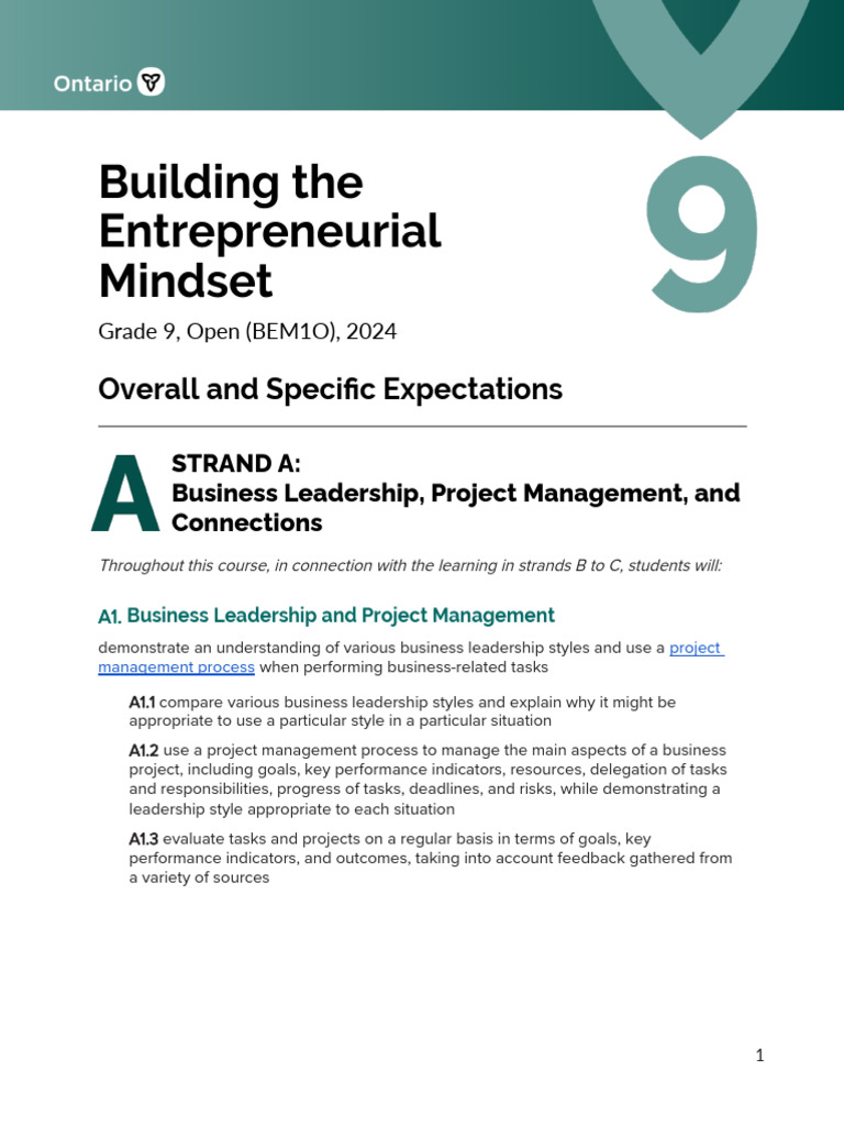 Building The Entrepreneurial Mindset Grade 9, Open (BEM1O) | PDF ...