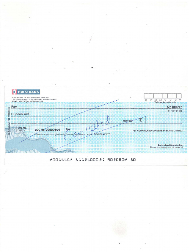 Scanned Copy of Cancelled Cheque - HDFC | PDF