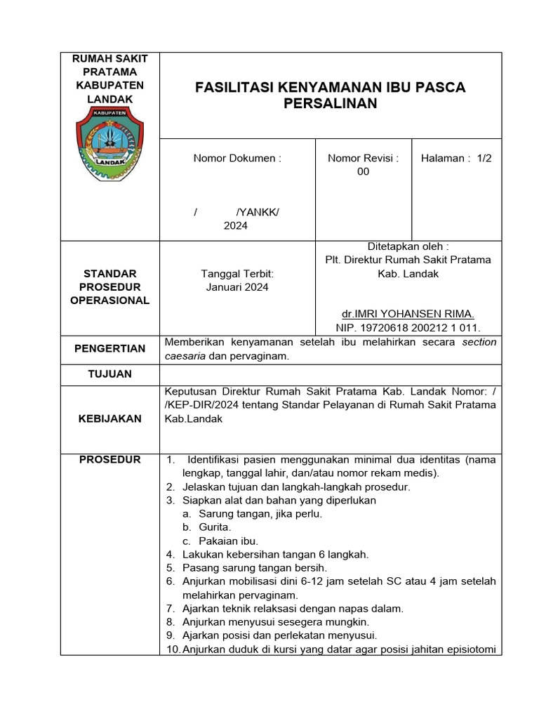 SOP Fasilitasi Kenyamanan Ibu Pasca Persalinan | PDF