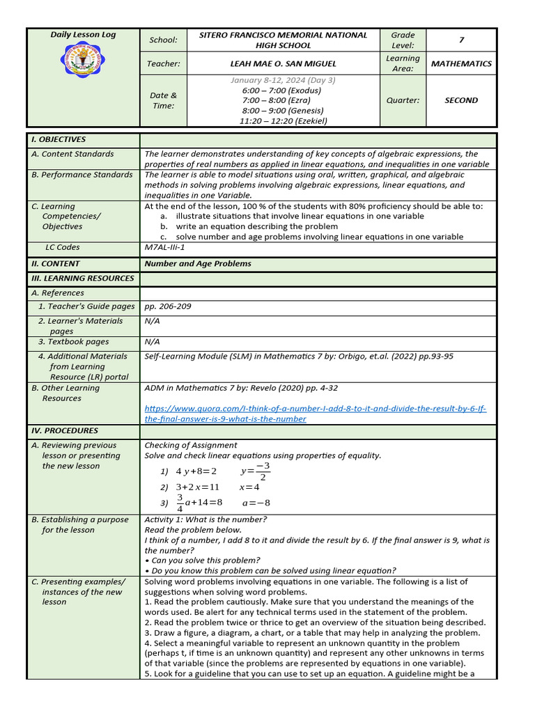 DLL2324 Math7 Q2W8D3 San Miguel Leah Mae | PDF | Equations | Learning