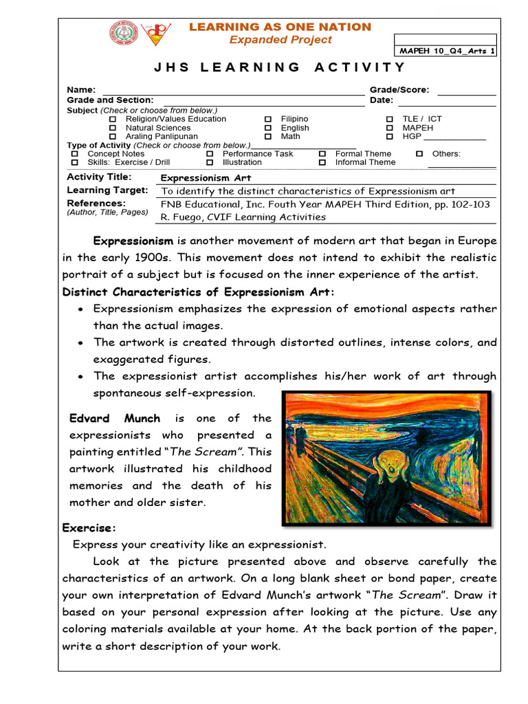 MAPEH 10 Q4 Arts - LAS 1 Expressionism Art | PDF | Expressionism | The Arts