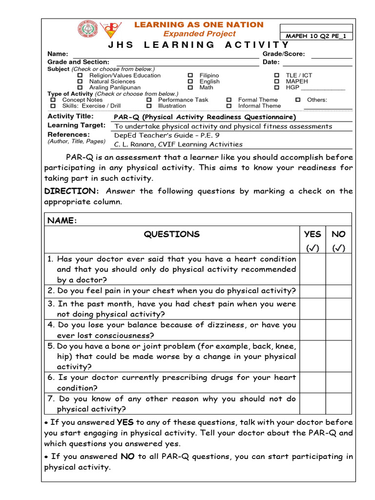 MAPEH 10 Q2 PE - LAS 1 PAR-Q (Physical Activity Readiness Questionnaire) | PDF | Physical ...