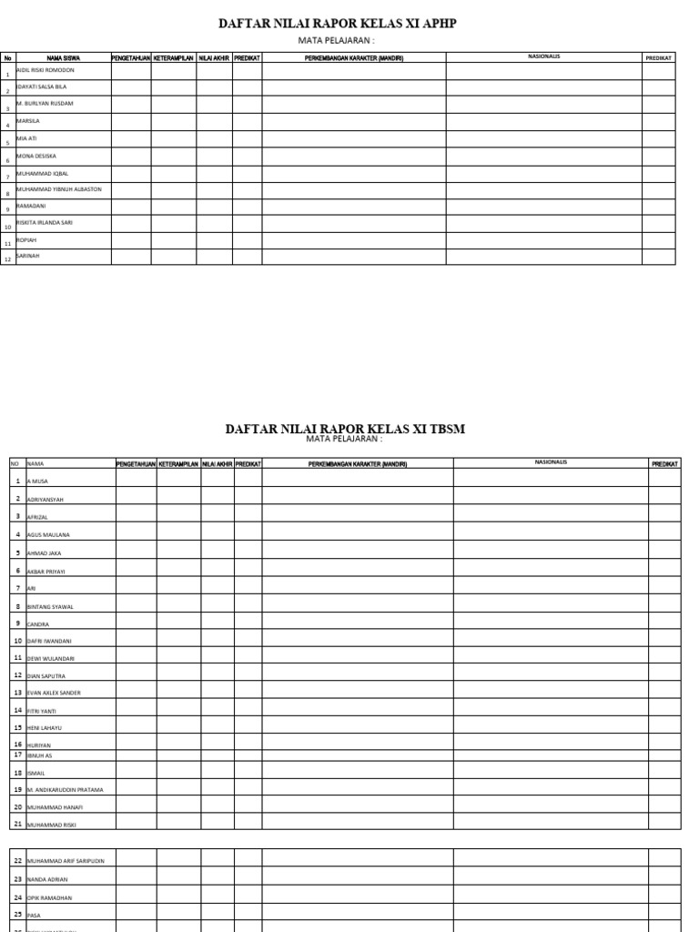 Daftar Nilai Siswa Kelas X Dan Xi Pdf