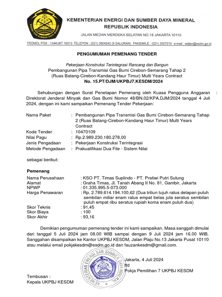 Pengumuman Pemenang Dan BA Hasil Pemilihan Cisem 2 | PDF