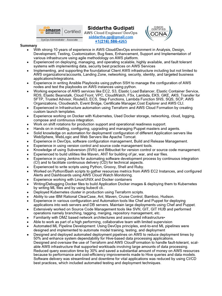 Siddartha Gudipati - AWS Cloud DevOps Resume | PDF | Amazon Web Services | Cloud Computing