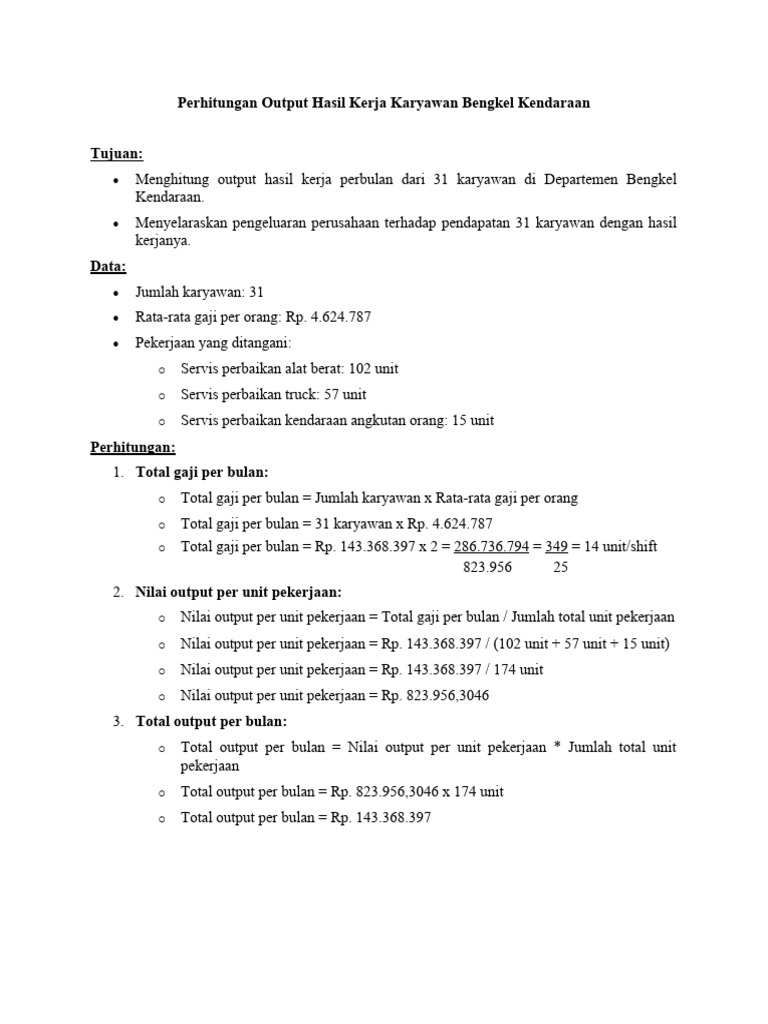 Rencana Perhitungan Output Hasil Kerja Karyawan Bengkel Kendaraan 2 | PDF