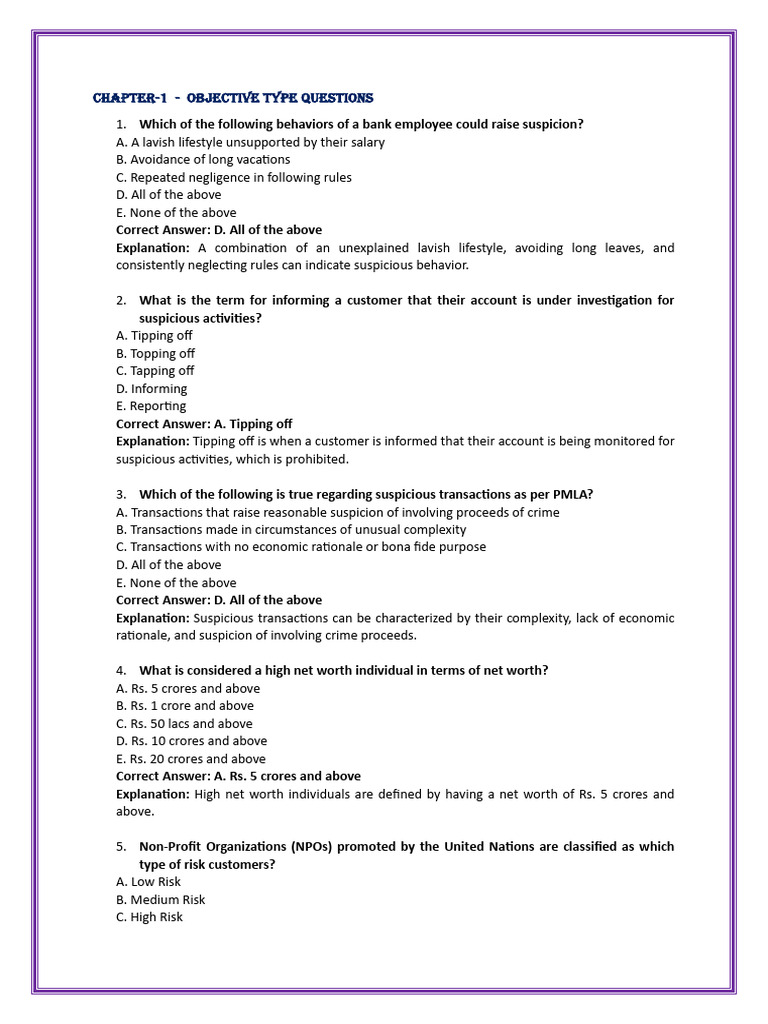 CHAPTER 1-8 Objective Type Question AML PORTION SDN | PDF | Money ...