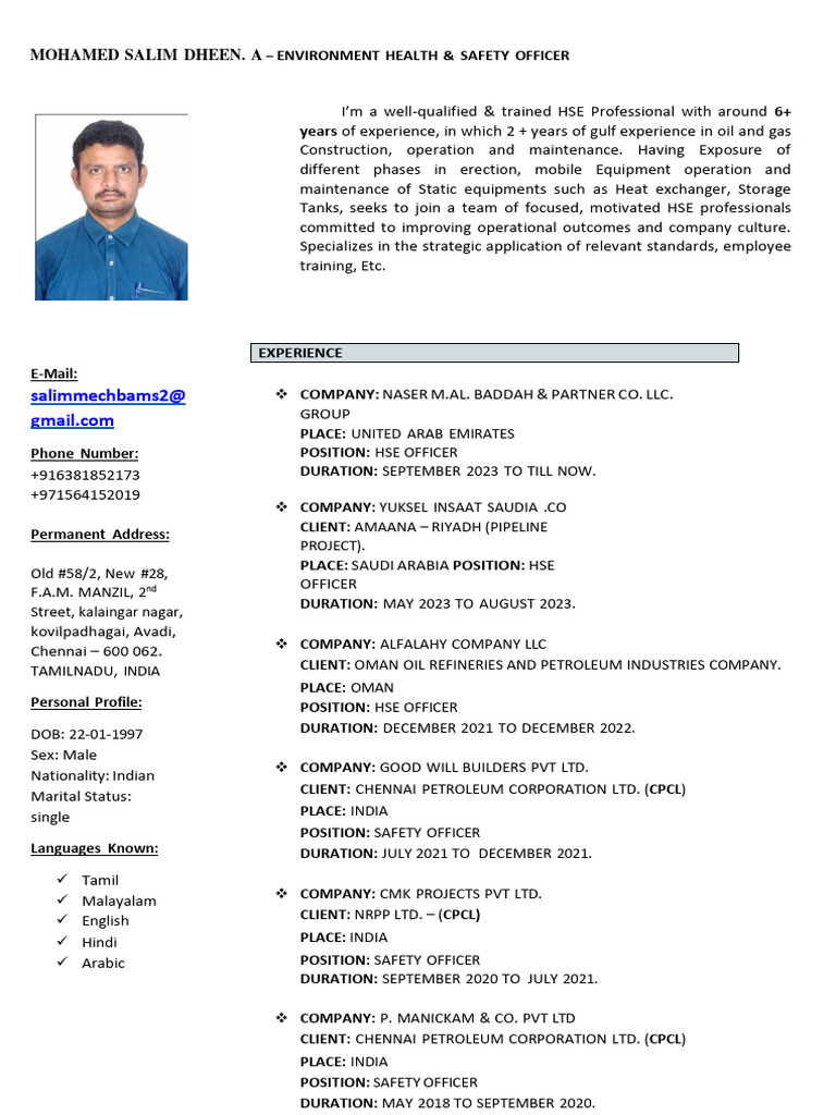Mohamed Salim Dheen - Resume - Hse Officer | PDF | Safety | Risk Assessment