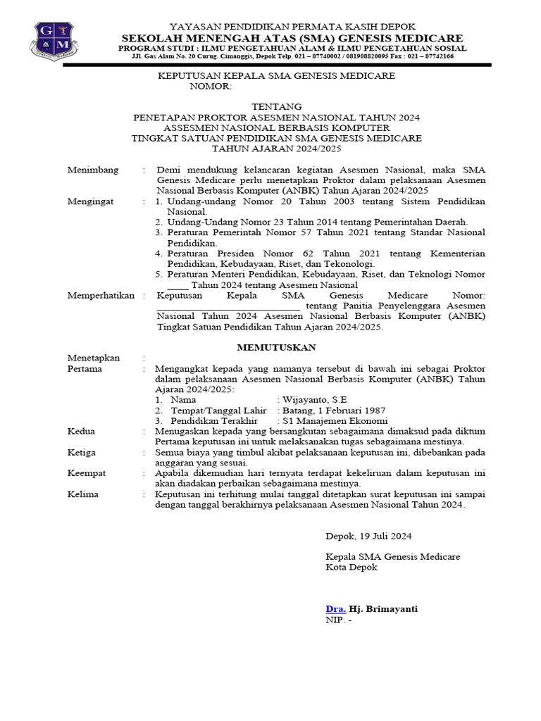 SK Proktor ANBK Tahun 2024 Tingkat Satuan Pendidikan | PDF