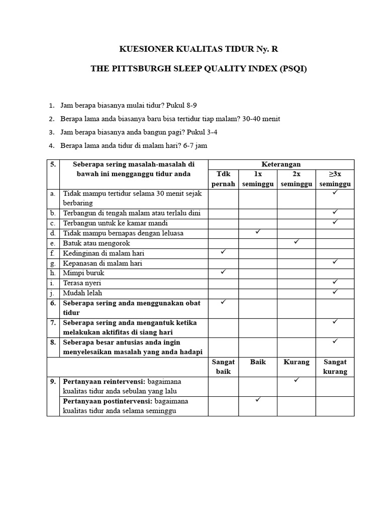 Kualitas Tidur Ny. R Berdasarkan PSQI | PDF | Pengembangan Diri