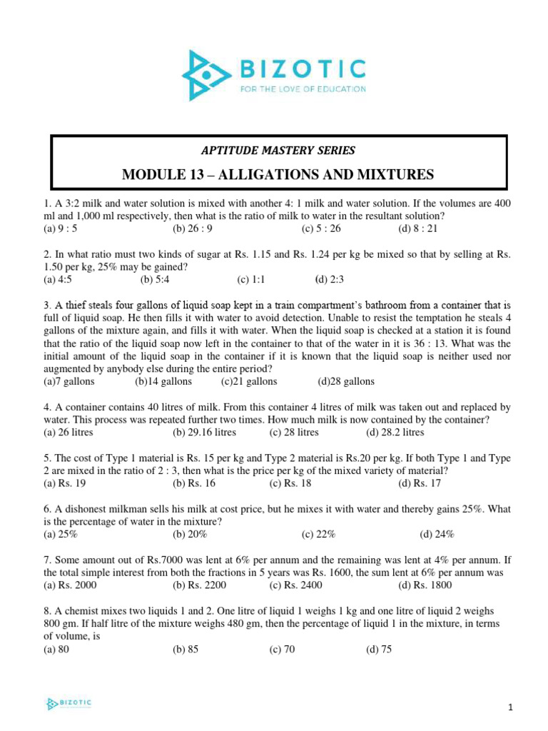 aptitude | PDF | Percentage | Milk