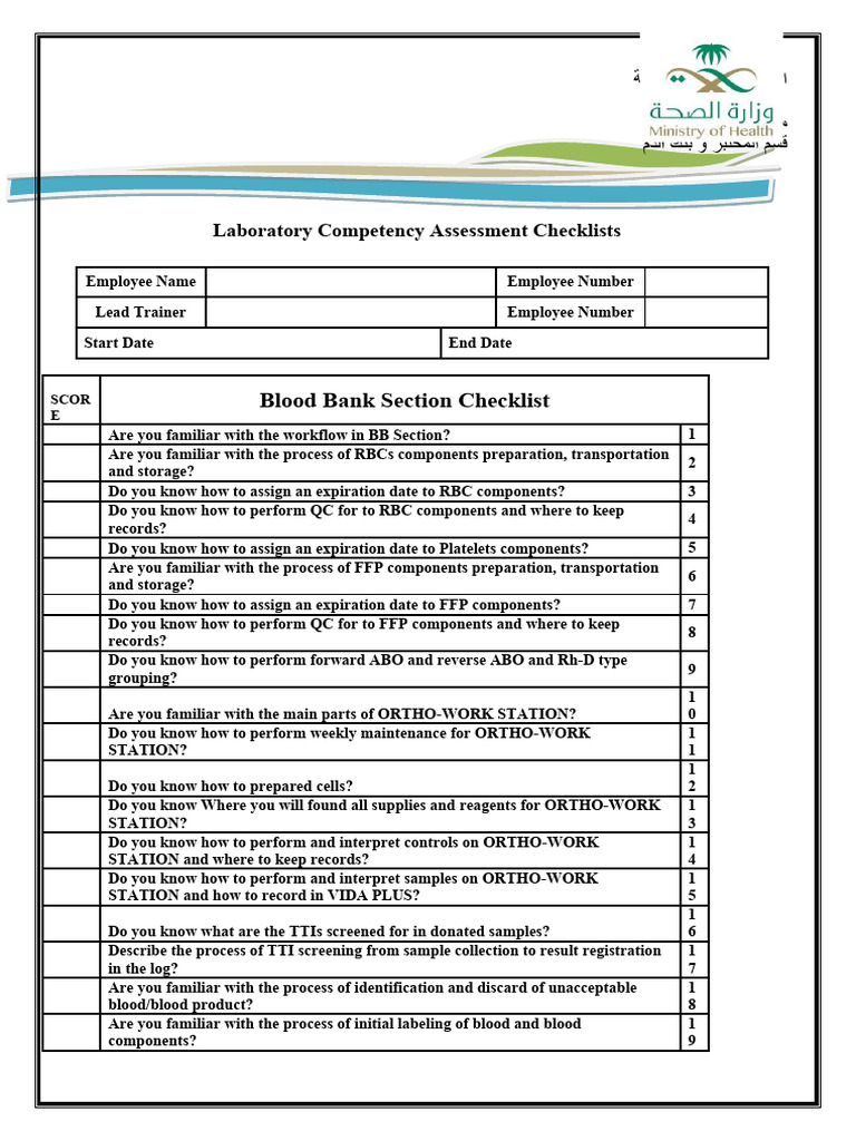 Blood Bank Section Competency Checklist | PDF | Blood Transfusion | Blood
