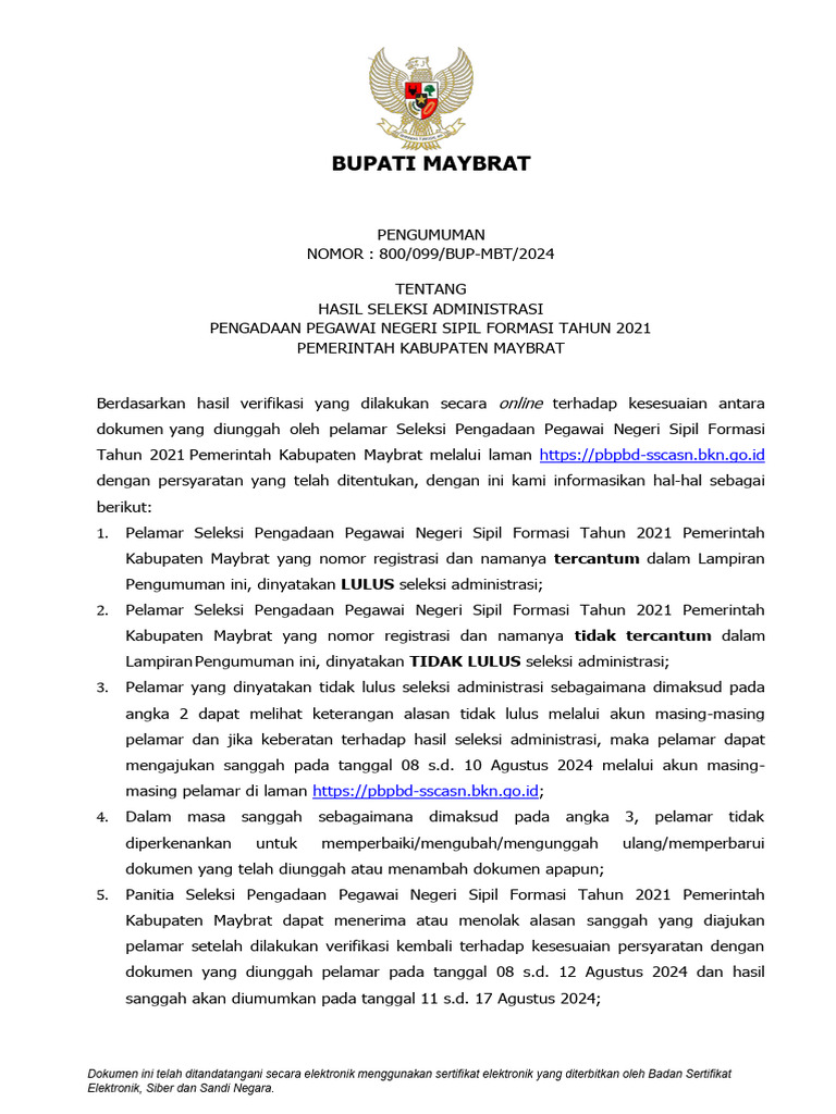 Pengumuman Hasil Seleksi Administrasi CPNS Ta 2021 Kab Maybrat | PDF | Pengelolaan Keuangan & Uang