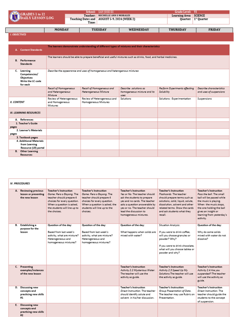 DLL - Science 6 - Q1 - W2 | PDF | Mixture | Cognitive Science
