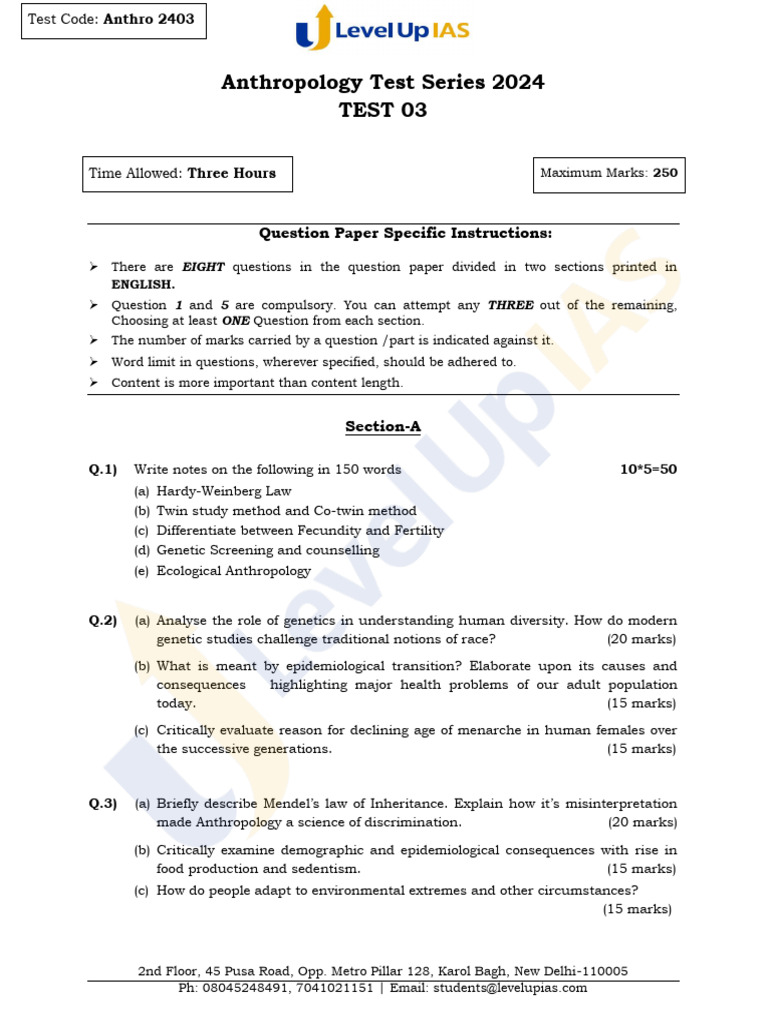 Anthropology Test 2403 Question Paper Pdf Anthropology Genetics