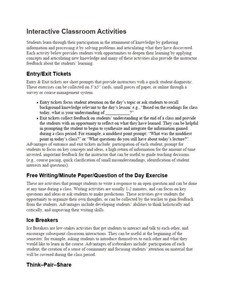Interactive Classroom Activities | PDF | Critical Thinking | Learning