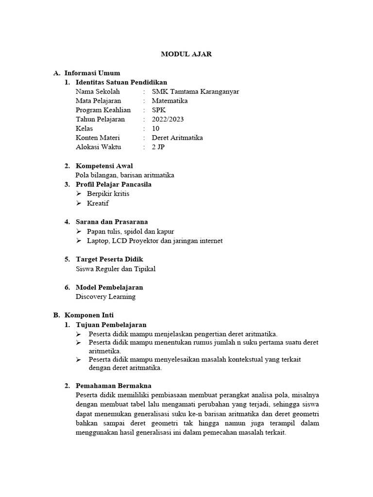 Modul Ajar Deret Aritmatika Pdf