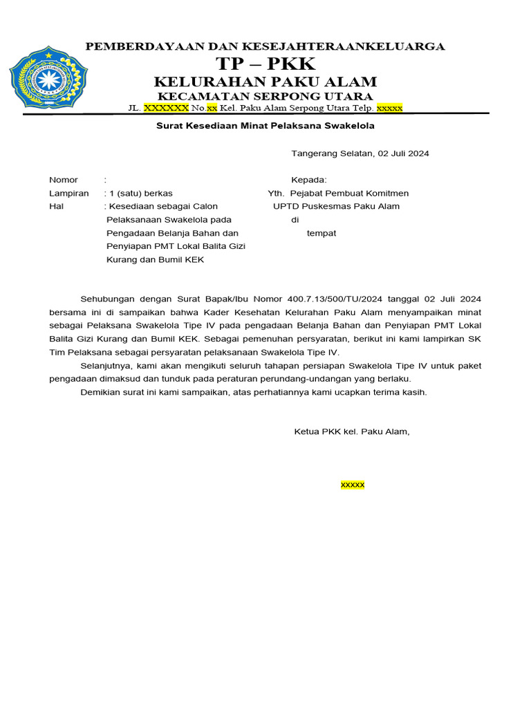 3 - Surat Kesediaan Calon Pelaksana Swakelola Paku Alam | PDF