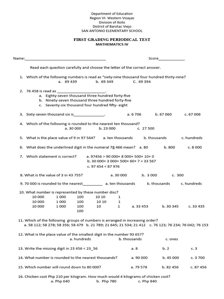 Grade 4 Mathematics Periodical Test | PDF | Mathematical Notation | Numbers
