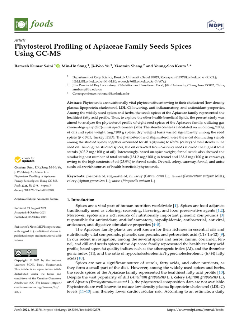 Phytosterol Profiling of Apiaceae Family Seeds Spices | PDF