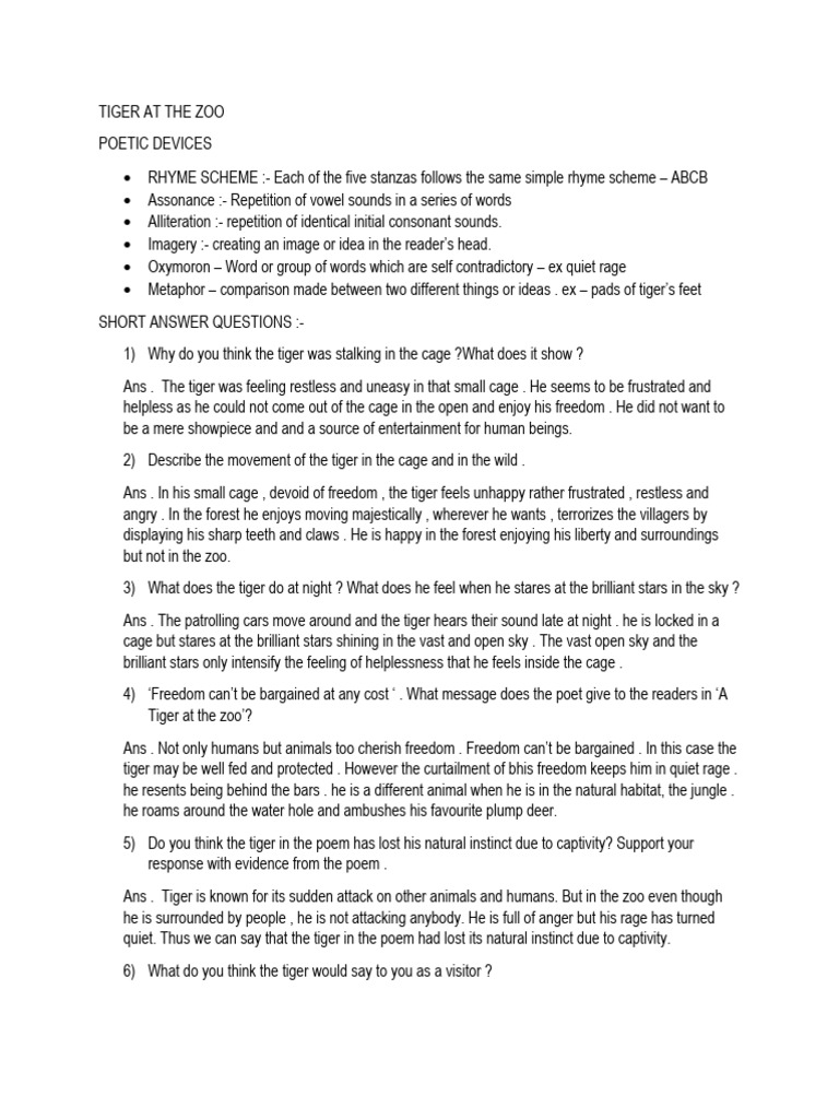 TIGER AT THE ZOO Extra Questions | PDF | Tiger | Poaching