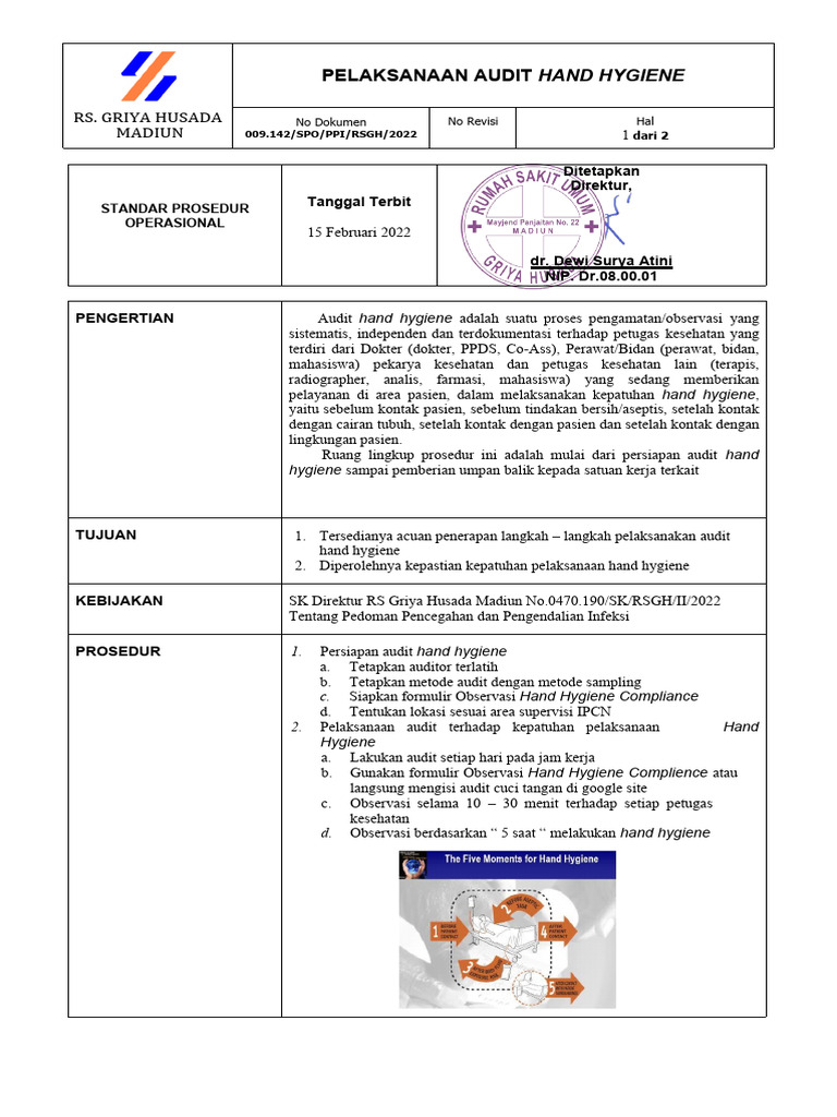Spo Pelaksanaan Audit Hand Hygiene | PDF