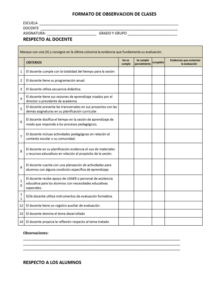 Formato de Observacion de Clases | PDF | Evaluación | Salón de clases