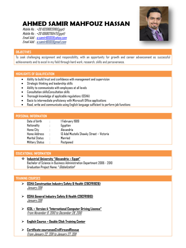 Ahmed Samir 2022 PDF CV | PDF | Occupational Safety And Health | Safety