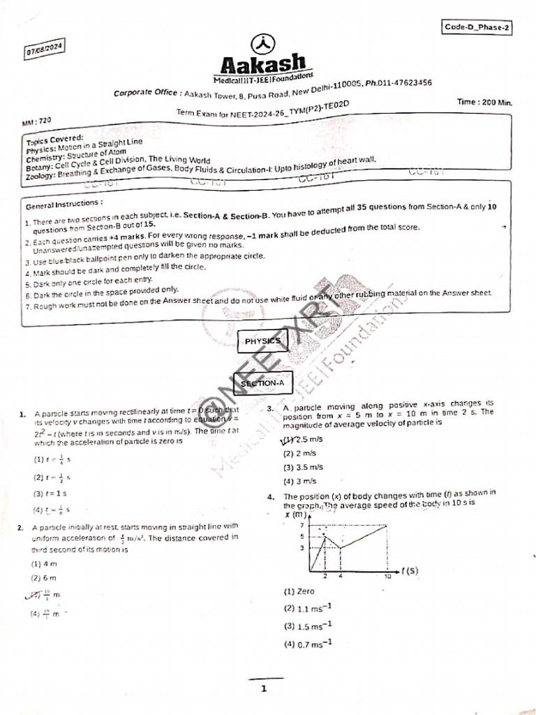 Aakash TERM EXAM FOR CLASS 11 | PDF