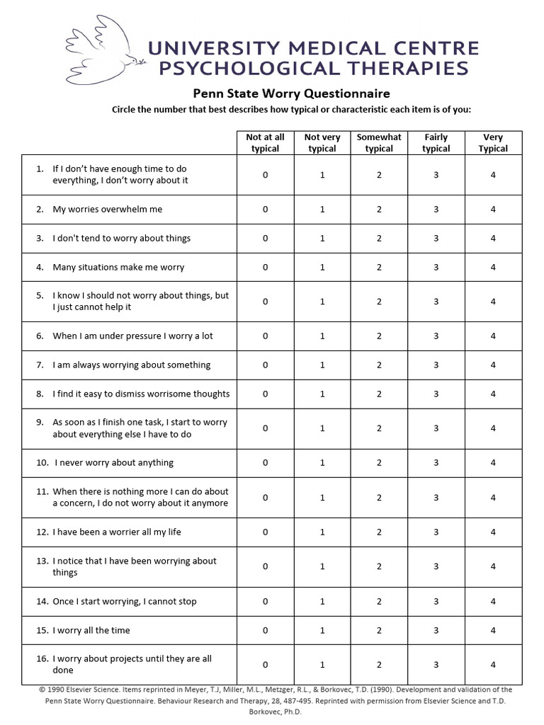 UMC Penn State Worry Questionnaire | PDF | Psychology | Behavioural ...