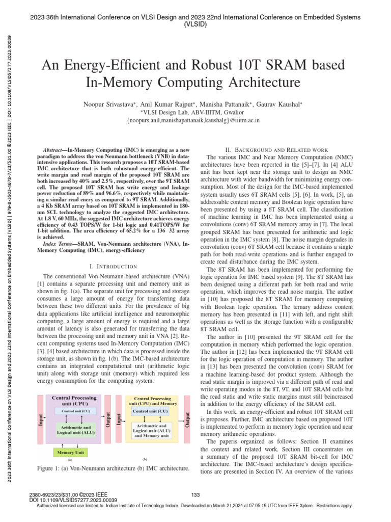 An Energy Efficient And Robust 10t Sram Based In Memory Computing Architecture Pdf Computer