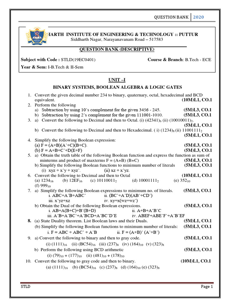 19EC0401-Switching Theory and Logic Design | PDF | Logic Gate | Mathematical Logic