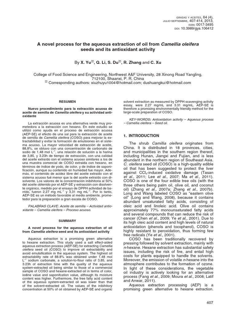 A Novel Process For The Aqueous Extraction of Oil From Camellia ...