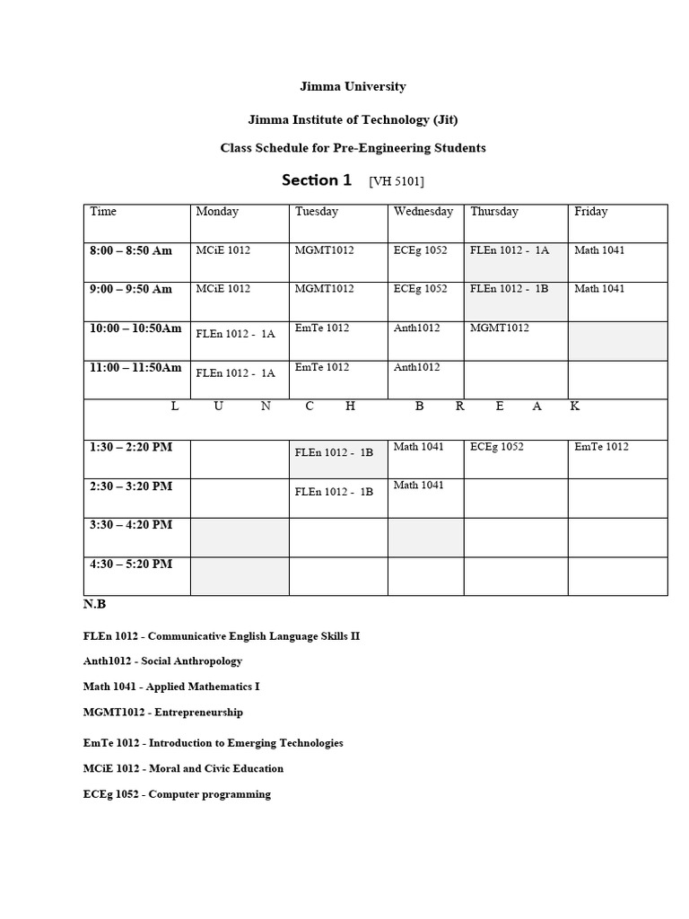 Section 1: Jimma University Jimma Institute of Technology (Jit) Class Schedule For Pre ...