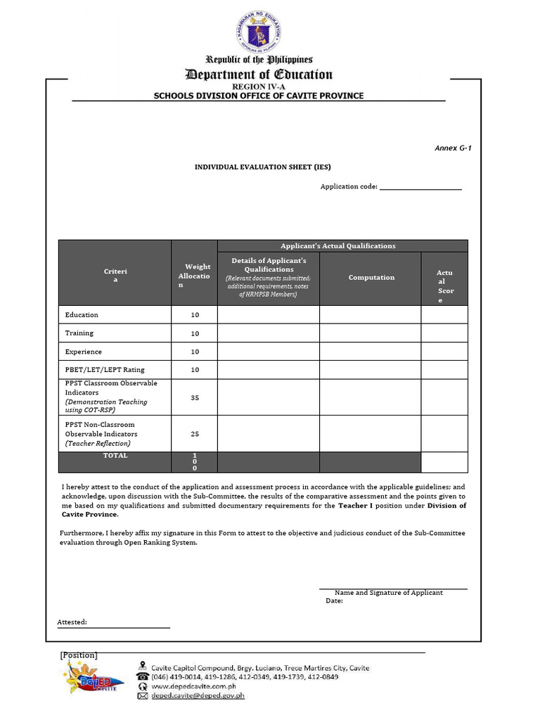 Individual Evaluation Sheet (IES) - Teacher I | PDF | Cognition | Learning