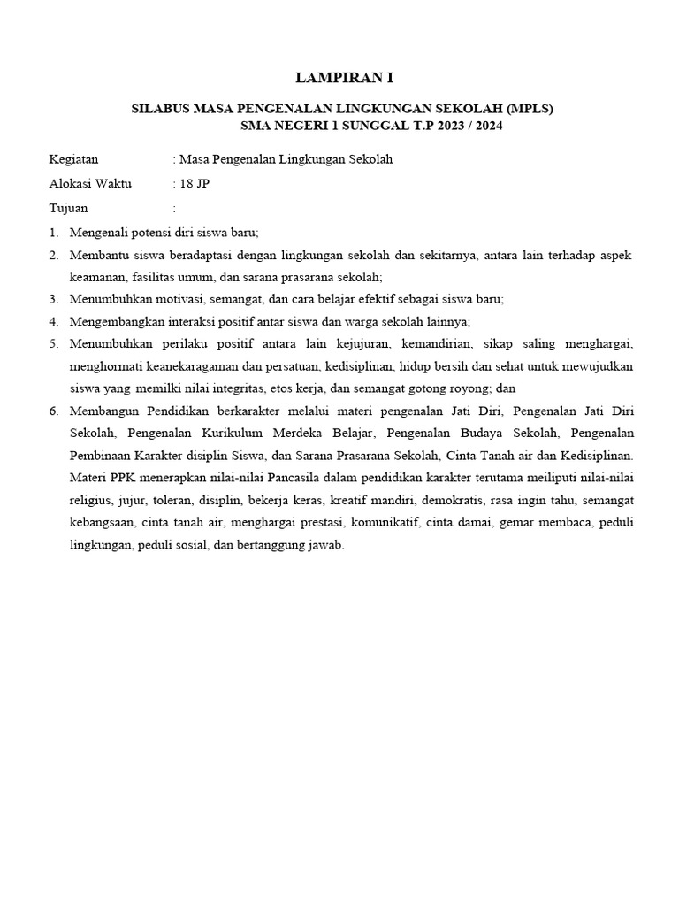 Silabus Masa Pengenalan Lingkungan Sekolah (MPLS) Sma Negeri 1 Sunggal T.P 2023 2024 | PDF