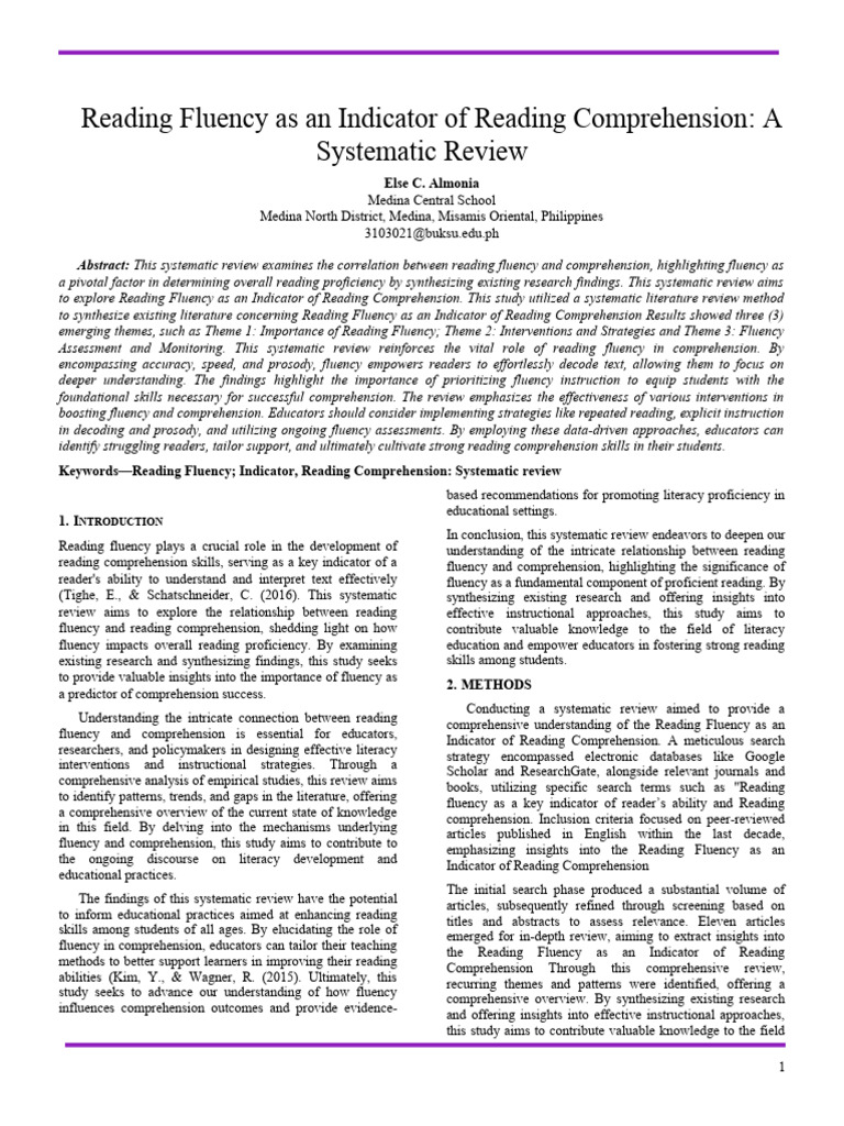 Reading Fluency As An Indicator of Reading Comprehension A Systematic ...