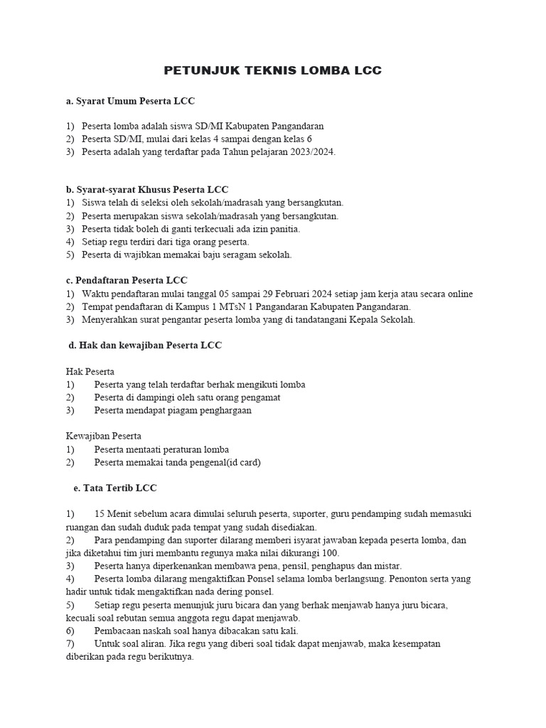 Petunjuk Teknis Lomba LCC MTSN 1 Pangandaran | PDF | Kesehatan Holistik