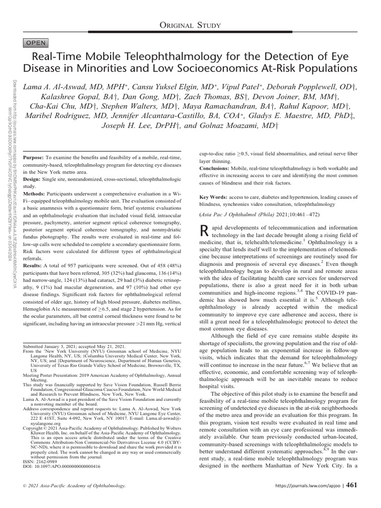 Real Time Mobile Teleophthalmology For The.8 | PDF | Glaucoma | Medicine