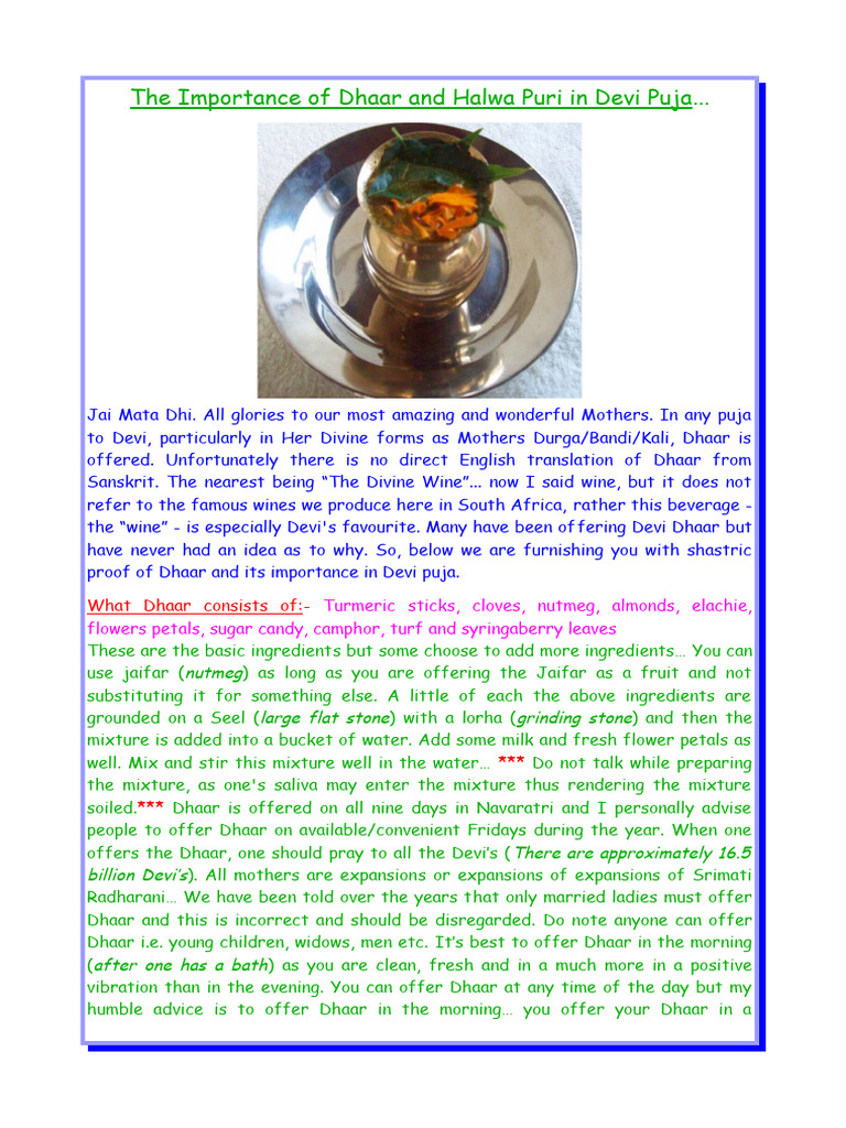 The Importance of Dhaar and Halwa Puri in Devi Puja | PDF