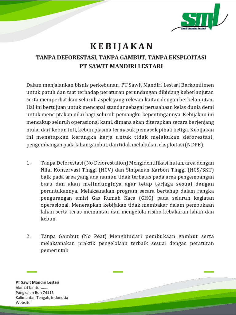 Kebijakan NDPE PT Sawit Mandiri Lestari | PDF