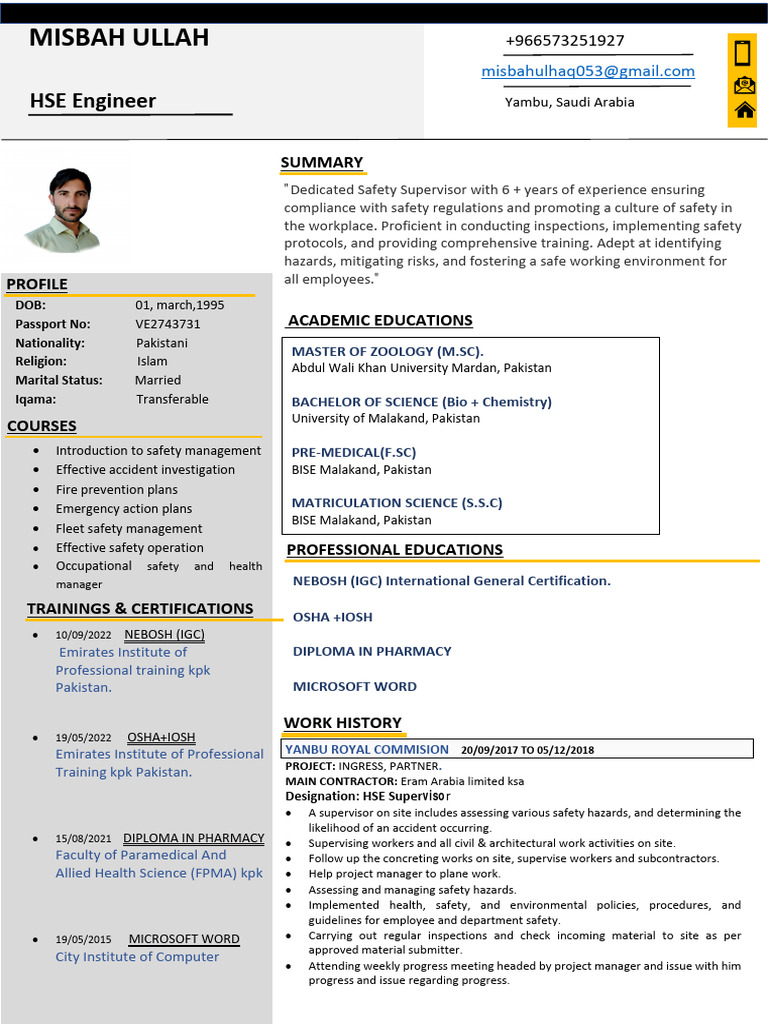 HSE Supervisor Resume and Skills Overview | PDF | Occupational Safety ...