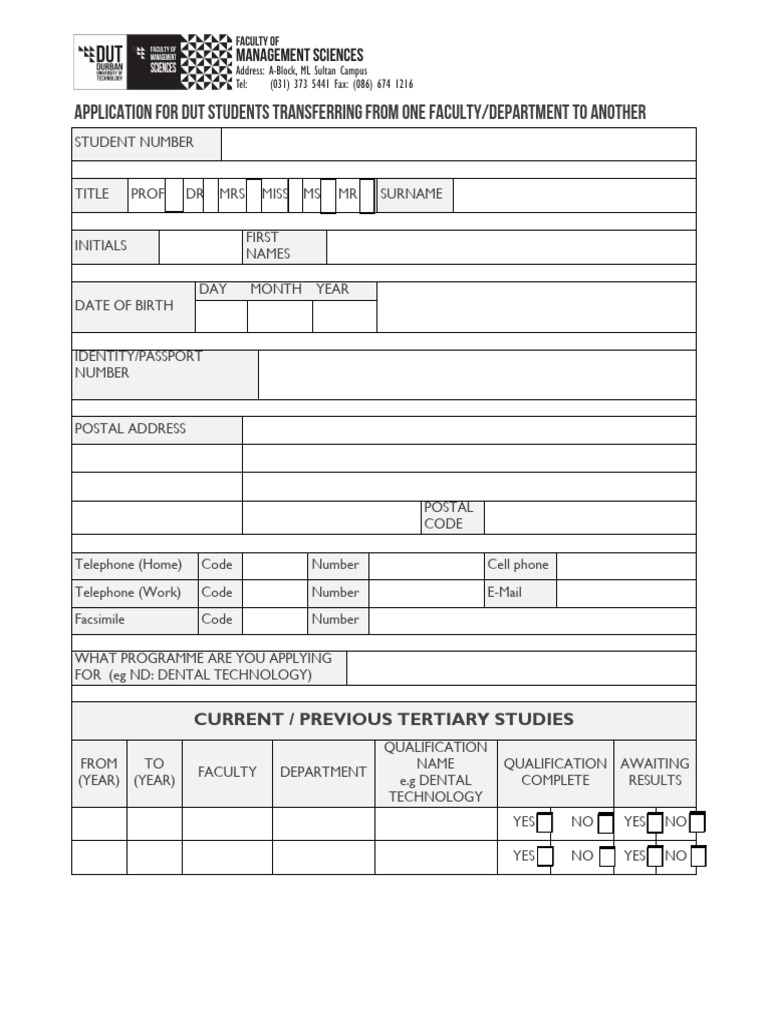 Application For DUT Students Transferring From One Faculty - Department To Another | PDF | Fax