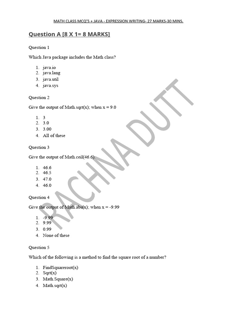 Math Class Mcqs And Java Expresions Pdf 5054