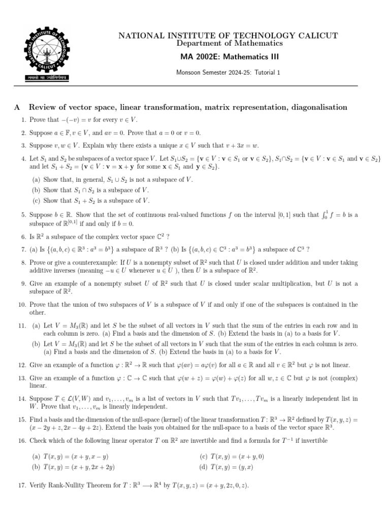 Tutorial Sheet | PDF | Eigenvalues And Eigenvectors | Linear Subspace Tutorial Sheet | PDF | Eigenvalues And Eigenvectors | Linear Subspace