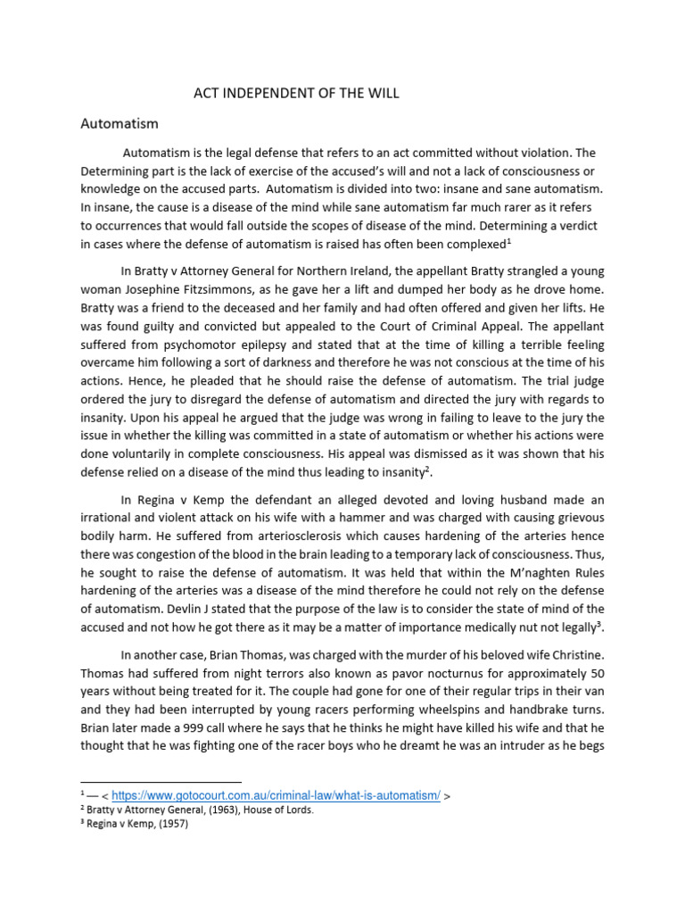 Automatism | PDF | Judiciaries | Criminal Law